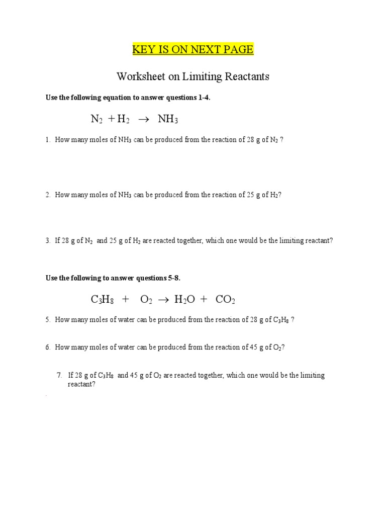 Key Is On Next Page Worksheet On Limiting Reactants: Use The Following Equation To Answer ...