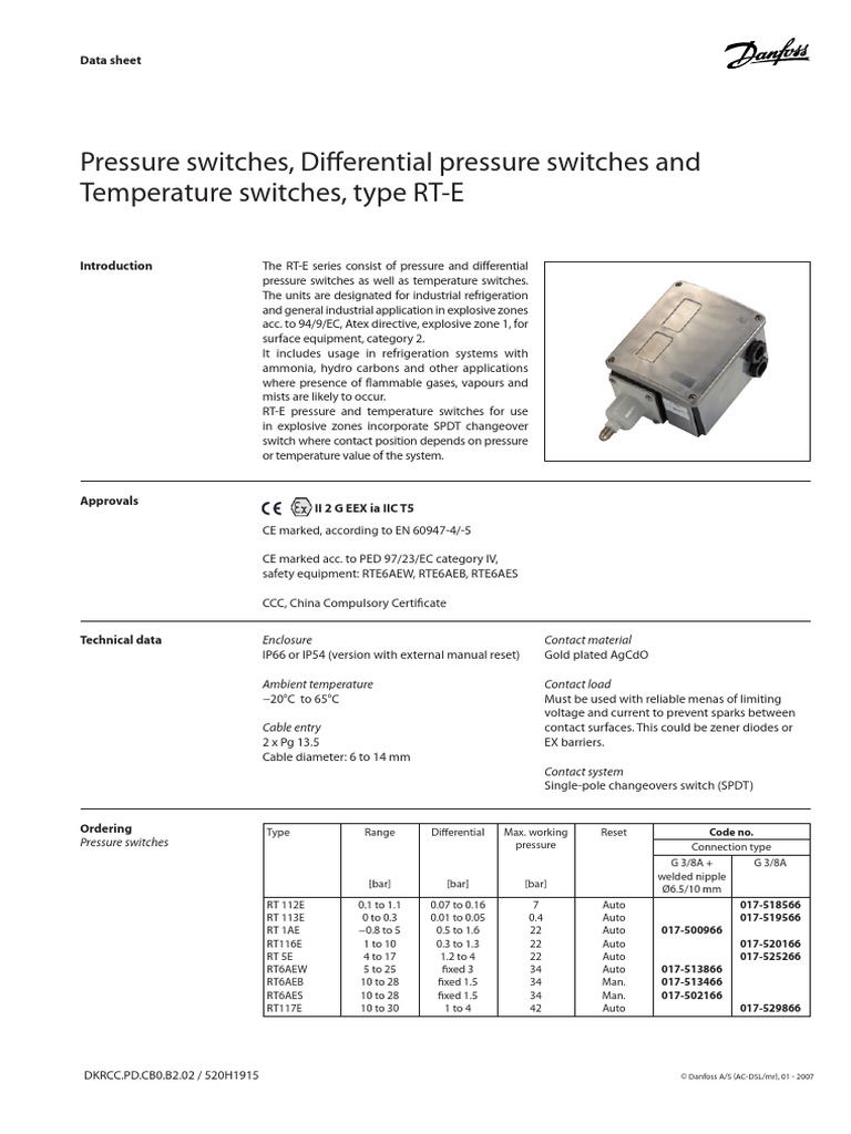 EX D Pressure Switch RTE Danfoss | PDF | Switch | Pressure Measurement
