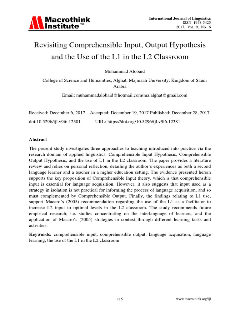 Revisiting Comprehensible Input, Output Hypothesis and The Use of The L1 in The L2 Classroom ...