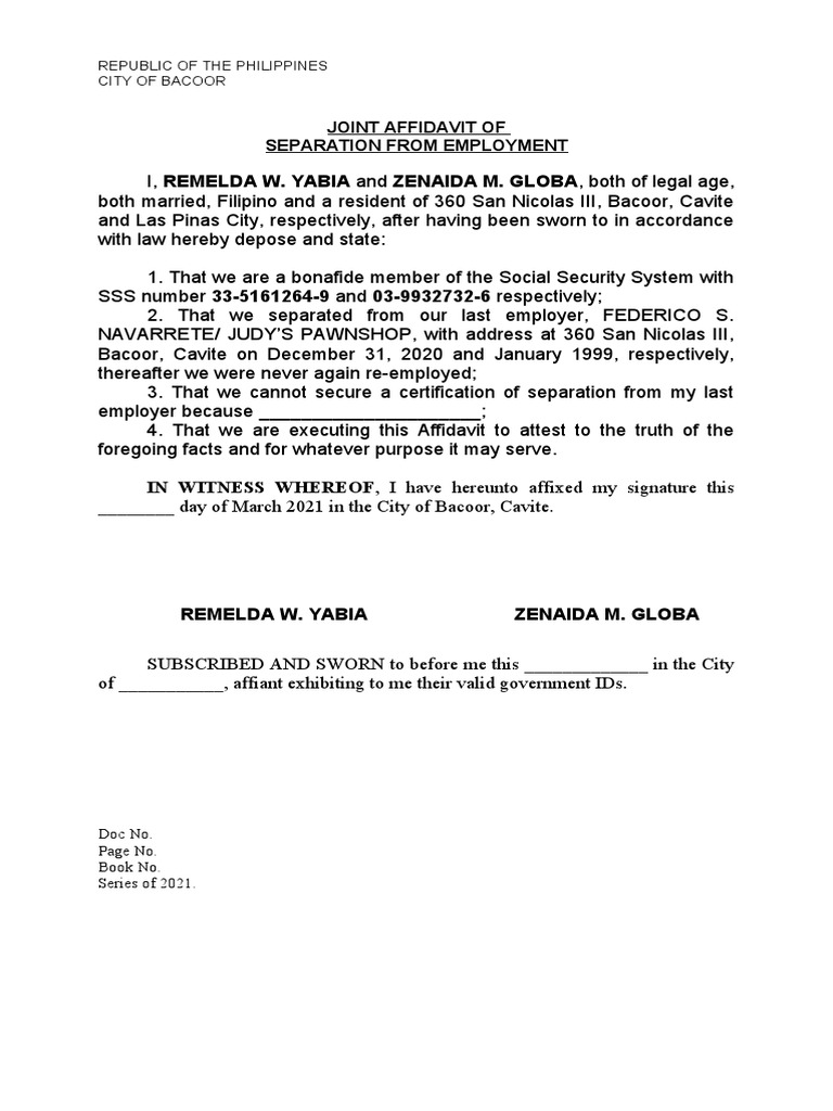 Affidavit of Separation From Employment | PDF