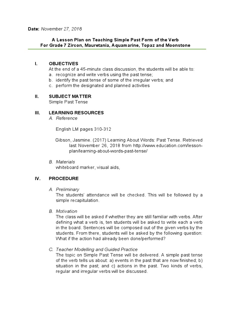 Grade 7 Third Grading Lesson Plan Simple Past Tense | PDF