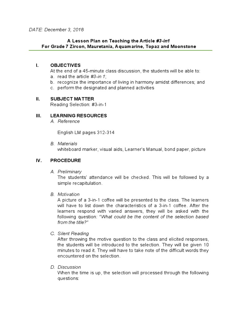 Grade 7 Third Grading Lesson Plan #3-In1 | PDF | Lesson Plan | Applied ...