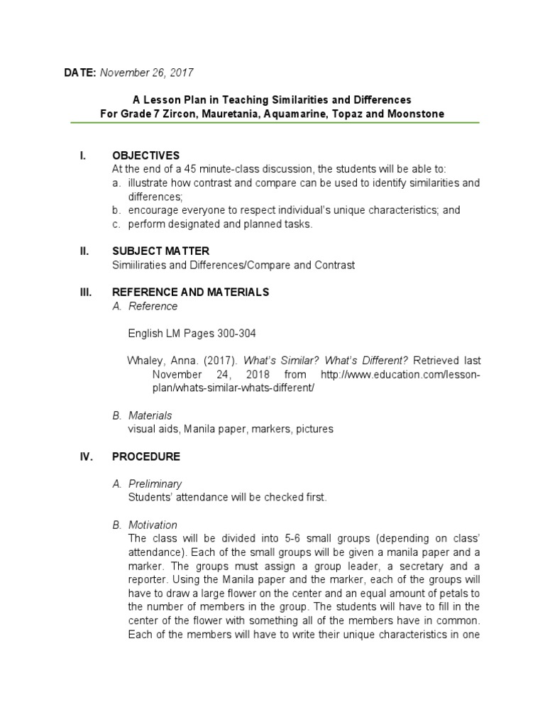 Grade 7 Compare and Contrast Lesson Plan | PDF | Lesson Plan | Applied ...