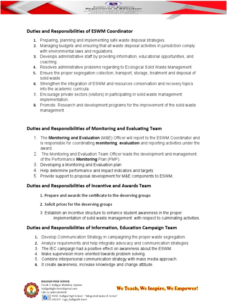 Duties and Responsibilities of ESWM Coordinator | PDF | Career & Growth ...