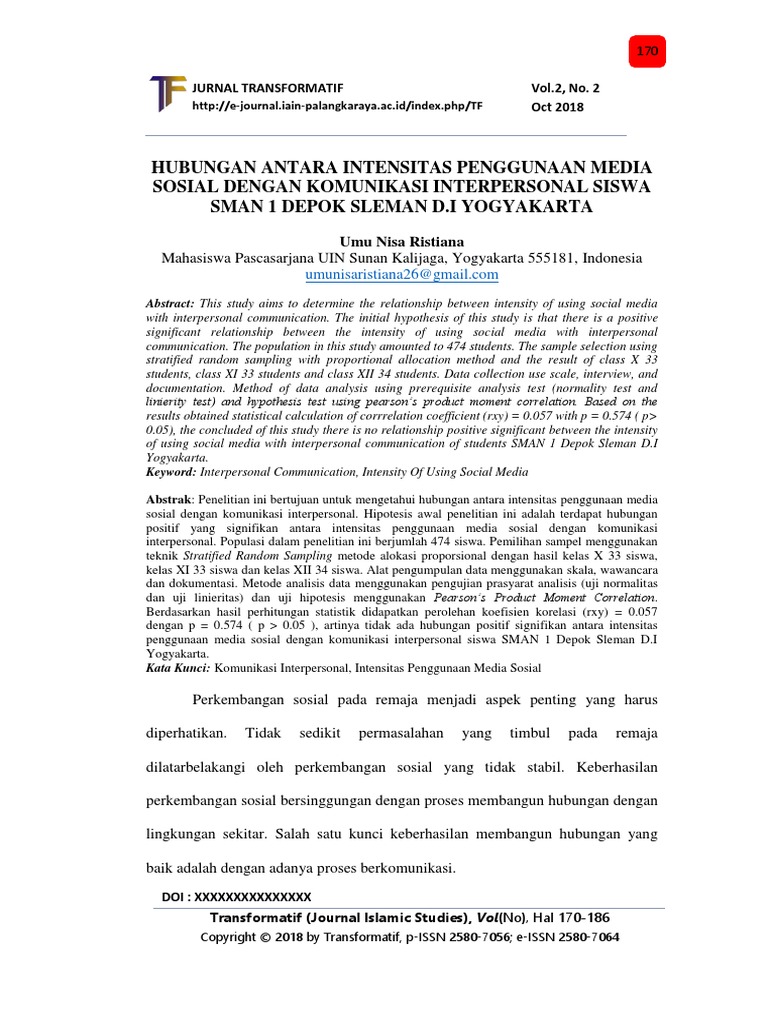 Hubungan Antara Intensitas Penggunaan Media Sosial Dengan Komunikasi Interpersonal | PDF