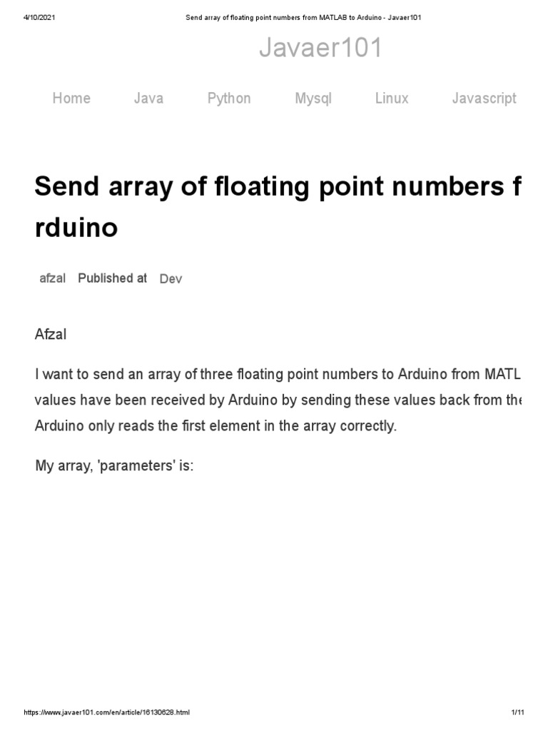 Send Array of Floating Point Numbers From MATLAB To Arduino - Javaer101 ... Send Array of Floating Point Numbers From MATLAB To Arduino - Javaer101 ...