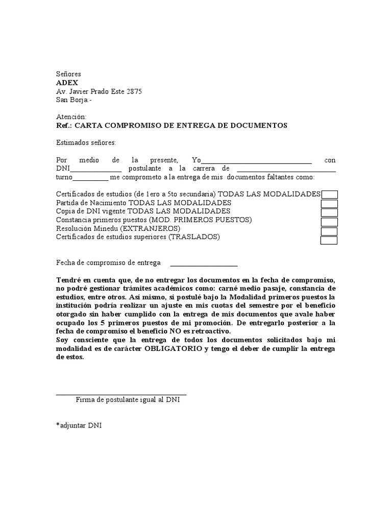 CARTA DE COMPROMISO Entrega de Documentos | PDF