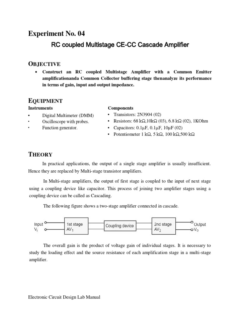 Experiment No. 04: RC Coupled Multistage CE-CC Cascade Amplifier | Download Free PDF | Amplifier ...
