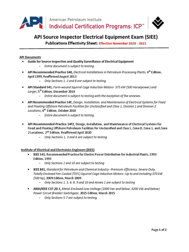 API Source Inspector Electrical Equipment Exam (SIEE) : Publications Effectivity Sheet | PDF ...