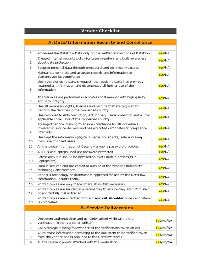 A. Data/Information Security and Compliance: Vendor Checklist | PDF | Information Security ...