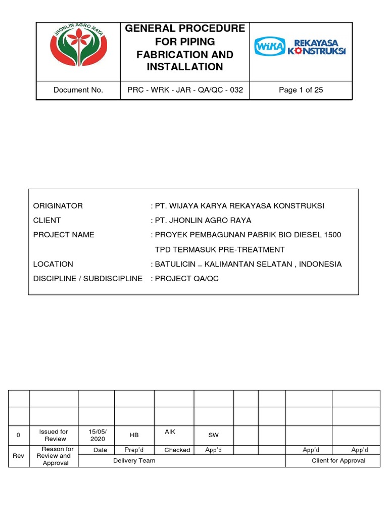 Prosedur Umum Fabrikasi Pipa Biodiesel | PDF