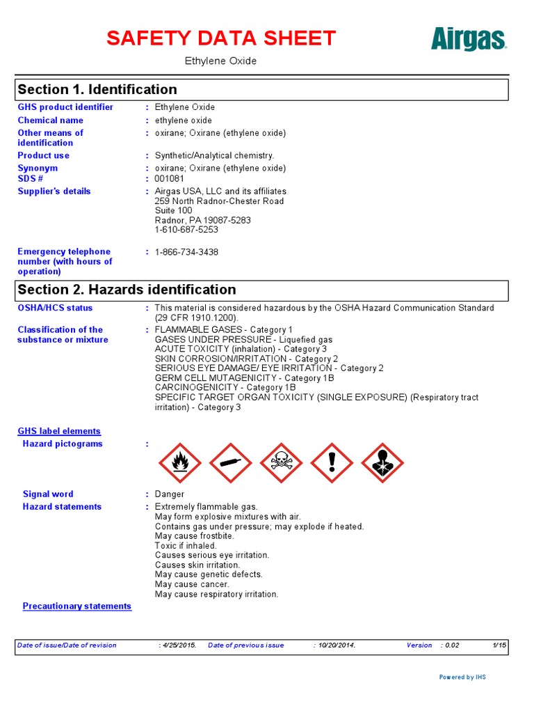 Msds Ethyl Oxide (Gas Eto) | PDF | Toxicity | Occupational Safety And ...