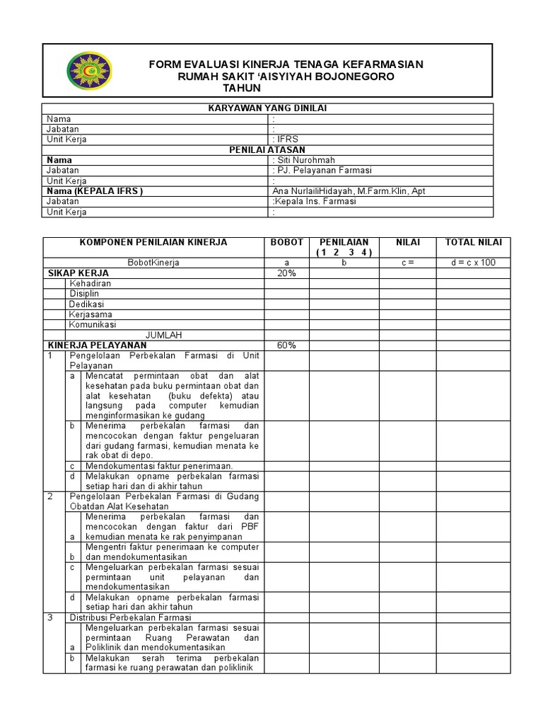 Form Evaluasi Kinerja Tenaga Kefarmasian Rumah Sakit Aisyiyah ...