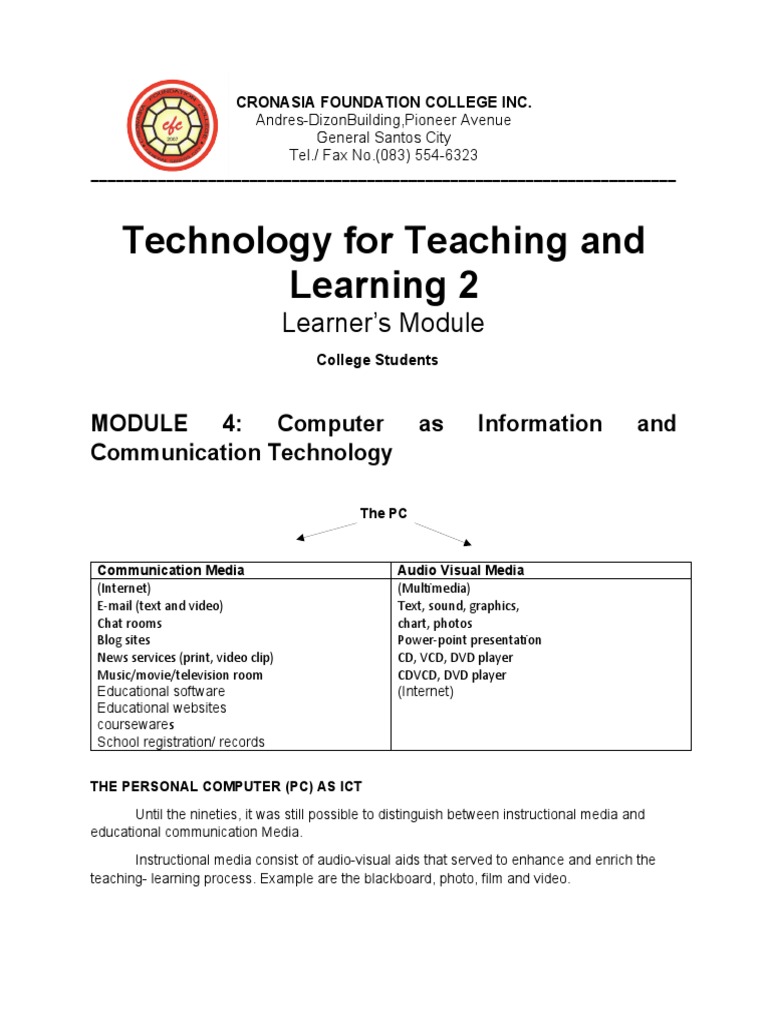CRONASIA FOUNDATION COLLEGE INC. MODULE 4: PC AS ICT | PDF | Mass Media ...