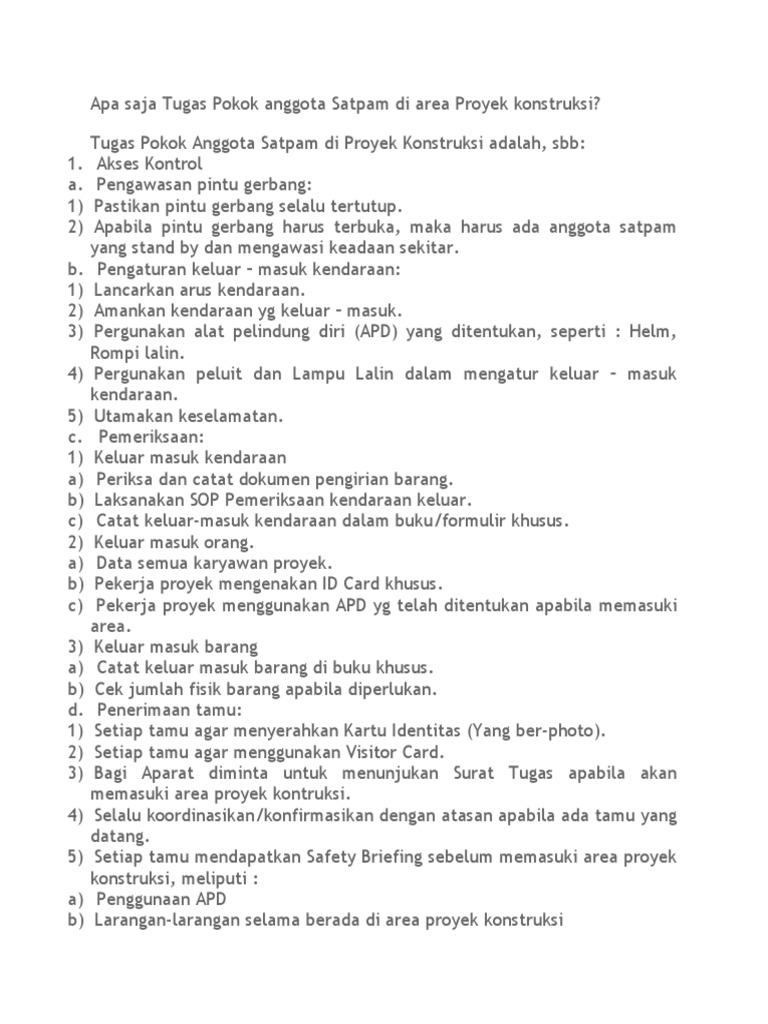 Apa Saja Tugas Pokok Anggota Satpam Di Area Proyek Konstruksi | PDF