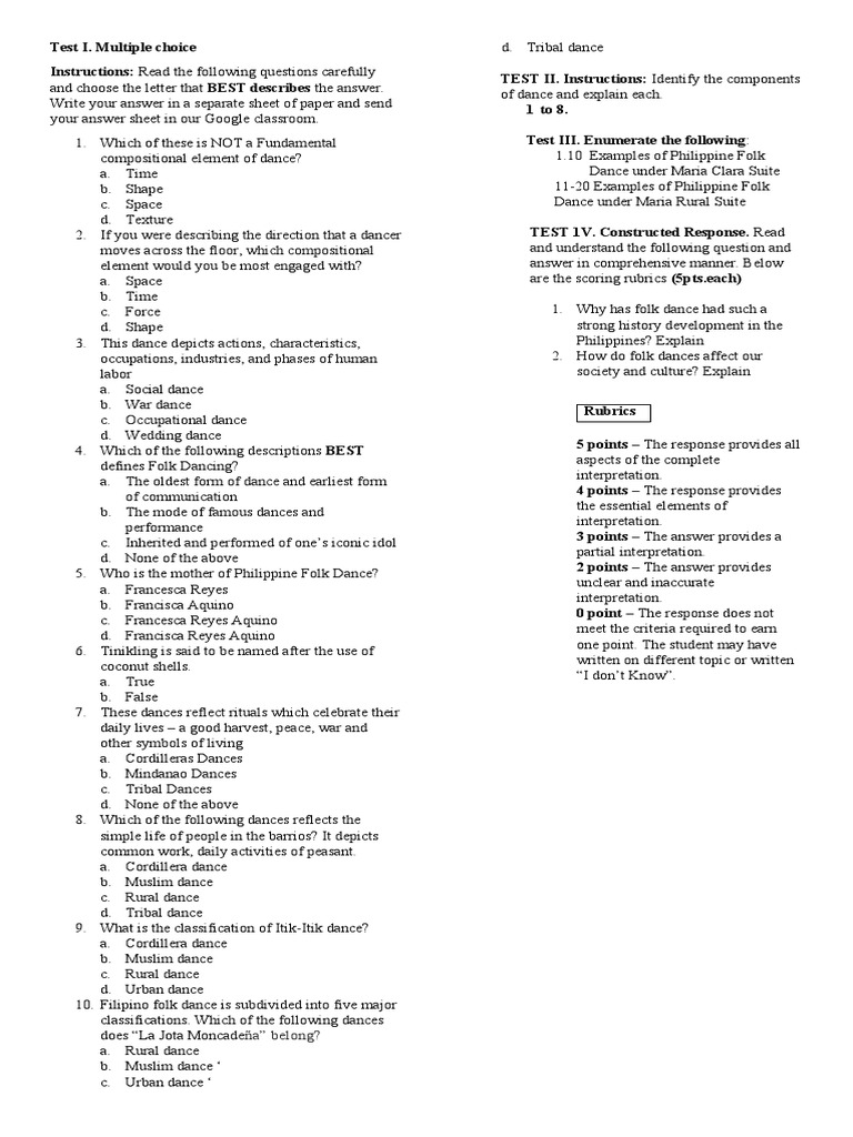 Dance Questions and Answers Test | PDF | Dances | Philippines