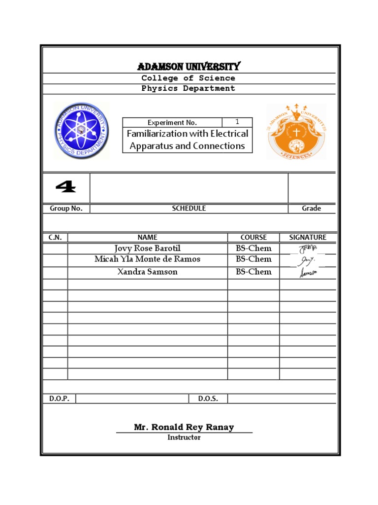 Familiarization With Electrical Apparatus and Connections: Adamson ...