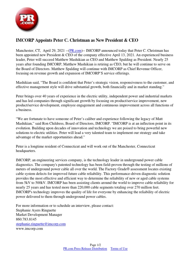 IMCORP Appoints Peter C. Christman As New President & CEO | PDF