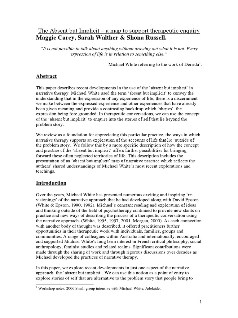 The Absent But Implicit A Map Pdf Psychotherapy Narrative 