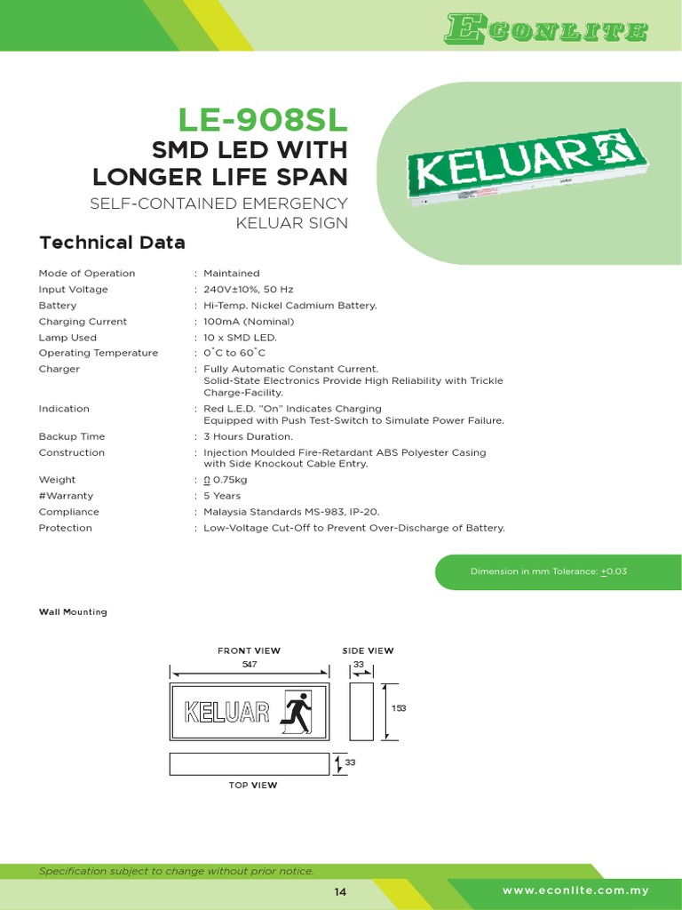 LE-908SL Emergency Exit Sign Specs | PDF