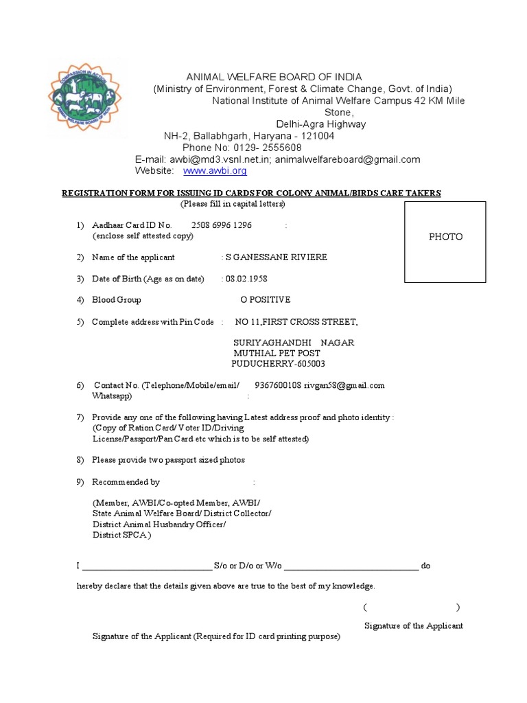 Registration Form For Issuing Id Cards For Colony Animal/Birds Care ...