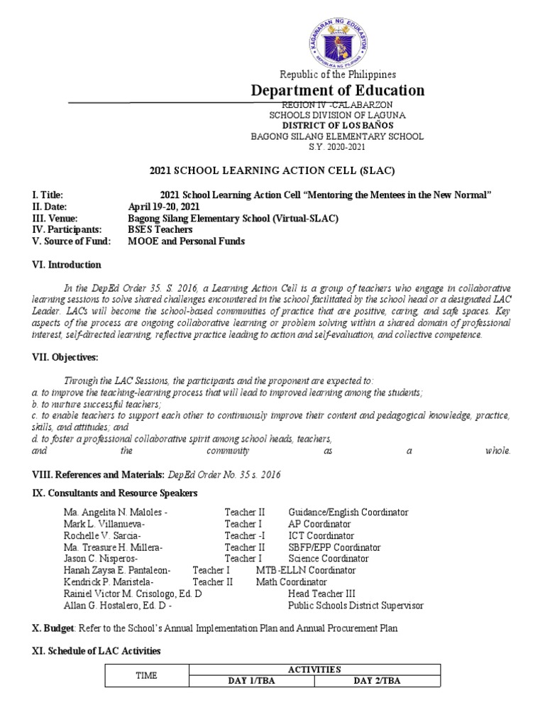 Department of Education: 2021 School Learning Action Cell (Slac) | PDF ...
