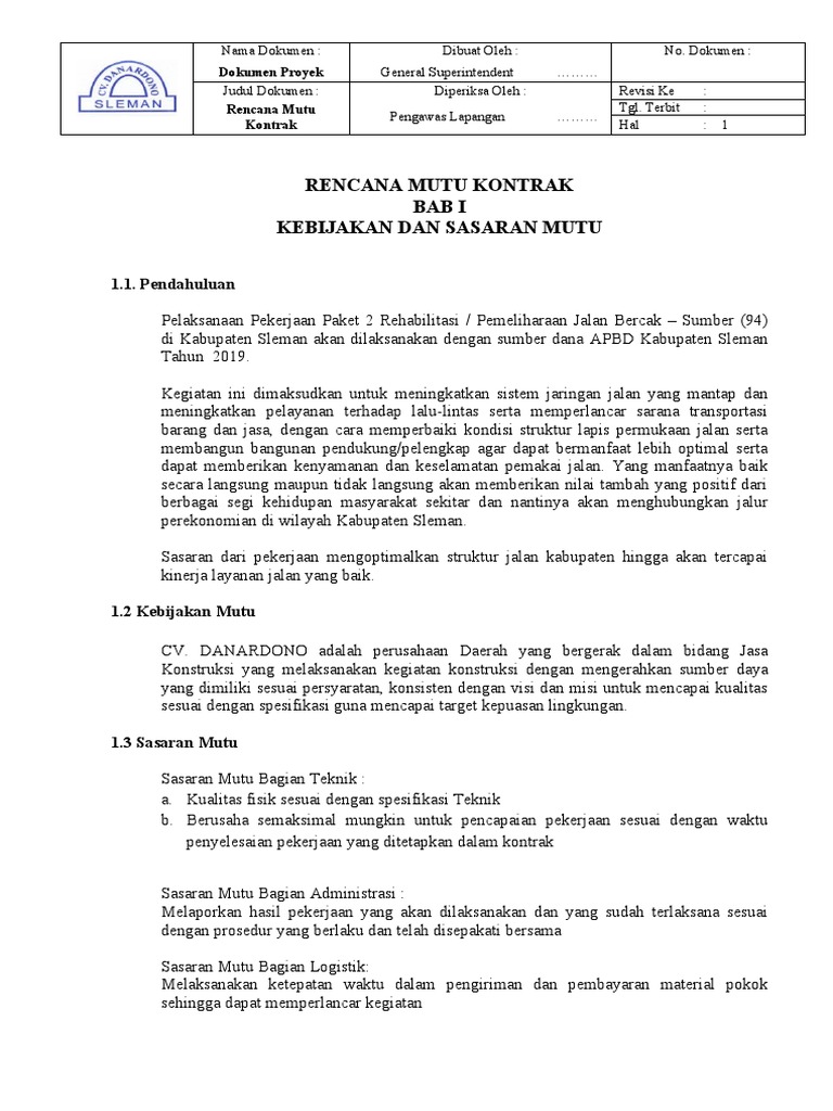 Rencana Mutu Kontrak Bab I Kebijakan Dan Sasaran Mutu: 1.1. Pendahuluan | PDF