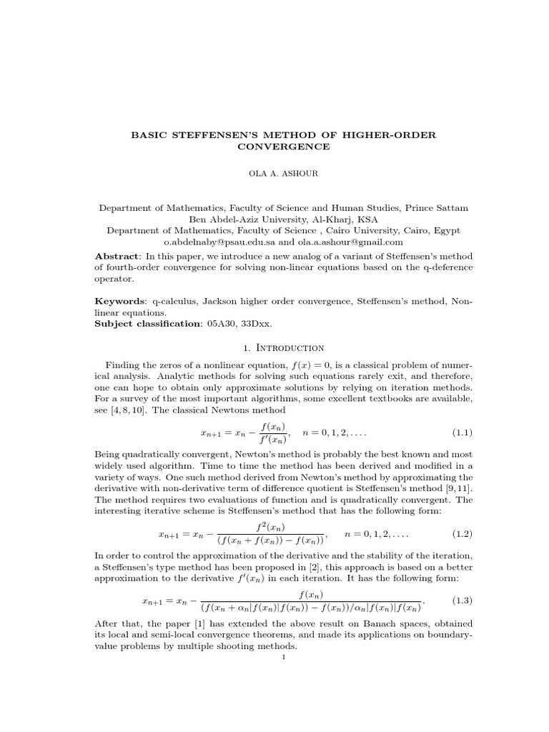 Basic Steffensen's Method of Higher-Order Convergence | PDF | Numerical ...