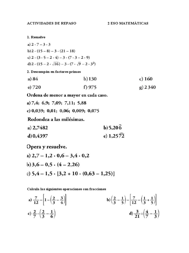 Actividades de Repaso 2 Eso Matemáticas | PDF