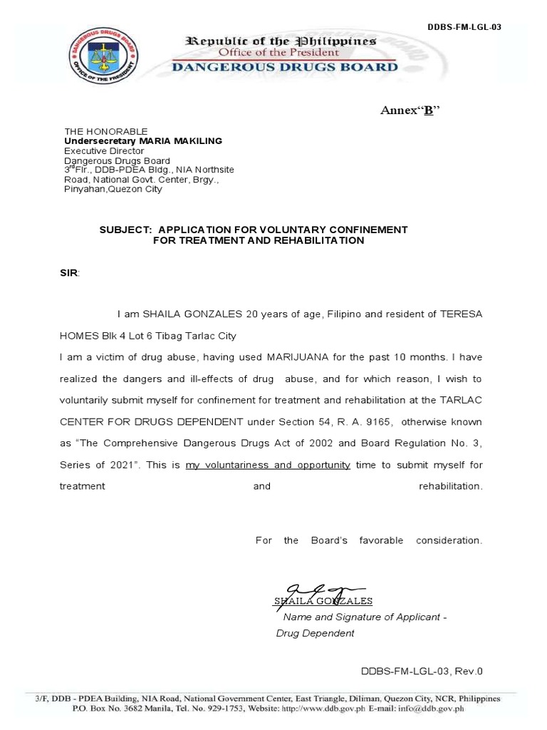 Annex"B": Subject: Application For Voluntary Confinement For Treatment ...