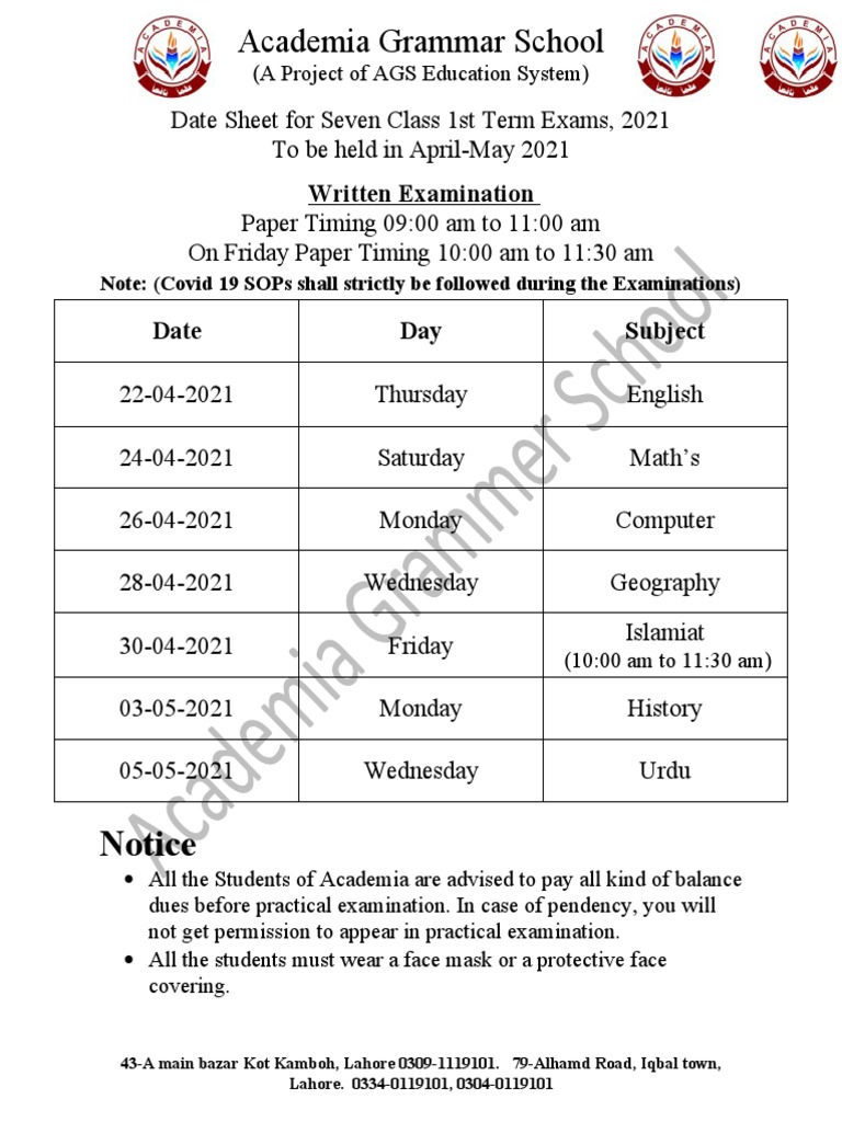 7th Class Date Sheet | PDF | Test/Examination | Schools