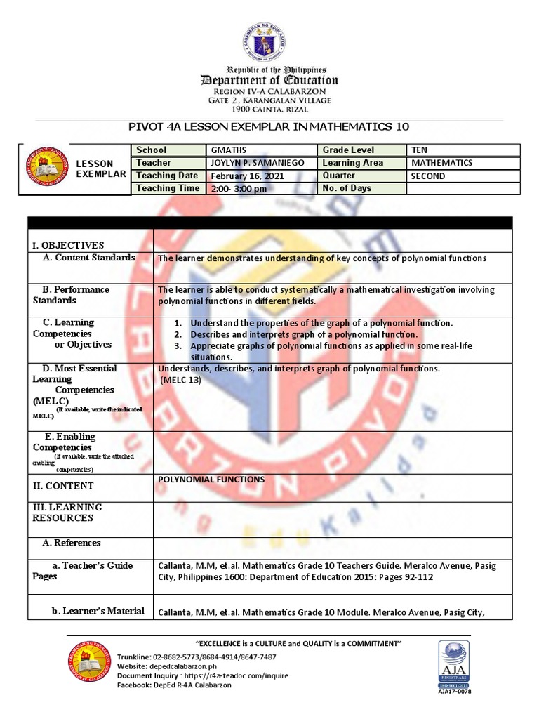 Pivot 4A Lesson Exemplar in Mathematics 10 | PDF | Polynomial | Zero Of ...