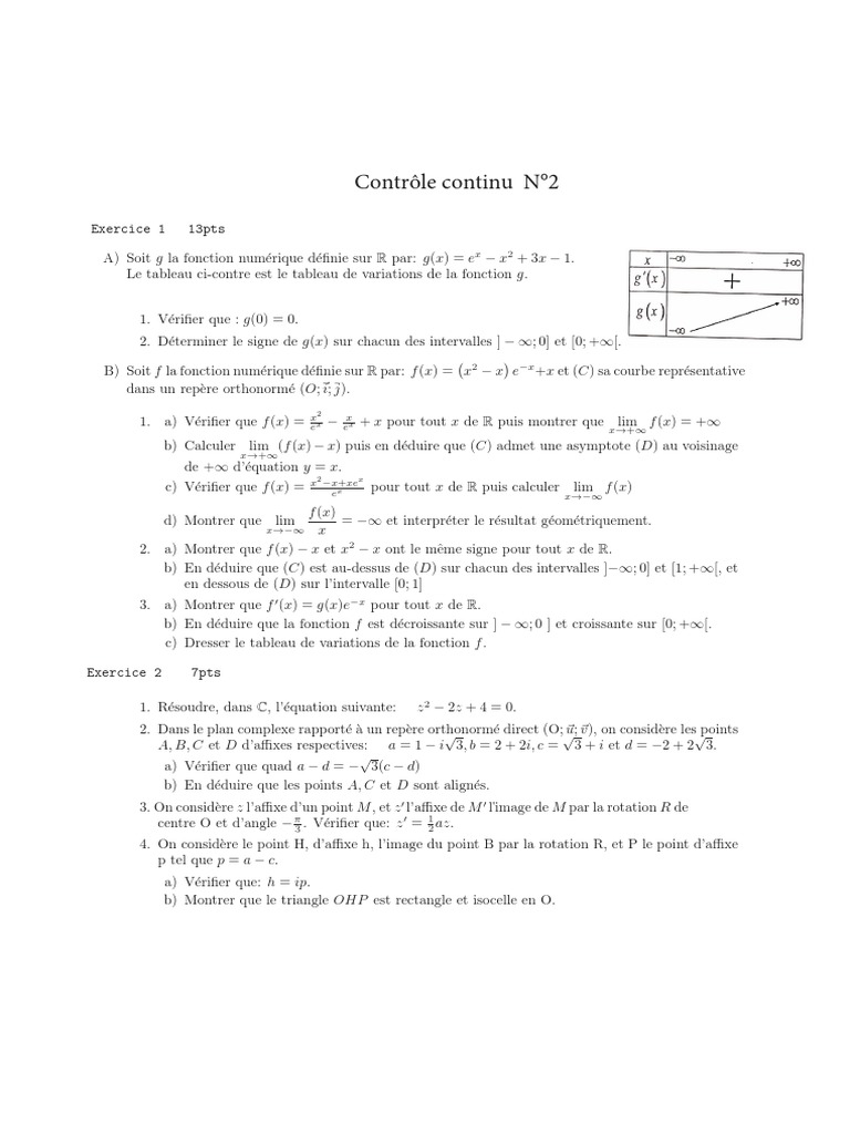 Contrôle Continu N°2 | PDF | Fonction (Mathématiques) | Courbe