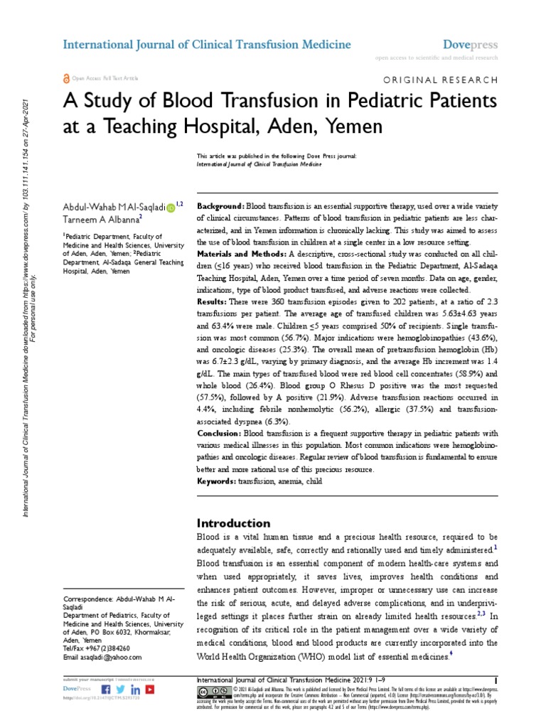 A Study of Blood Transfusion in Pediatric Patients at A Teaching ...