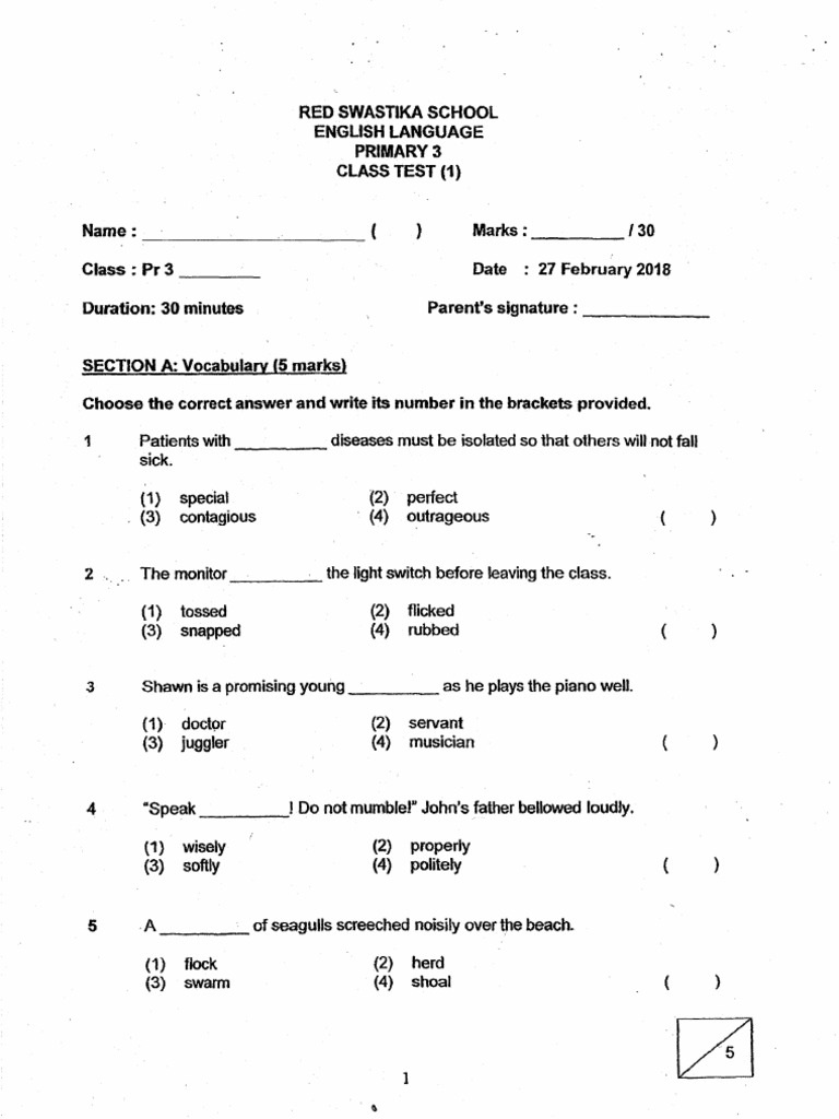 P3 English CA1 2018 Red Swastika Exam Papers | PDF