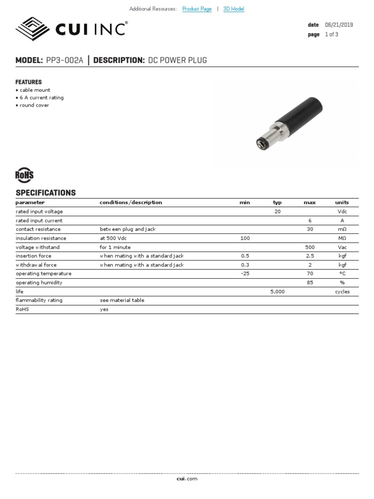 MODEL: PP3-002A Description: DC Power Plug: Features | PDF | Electrical ...