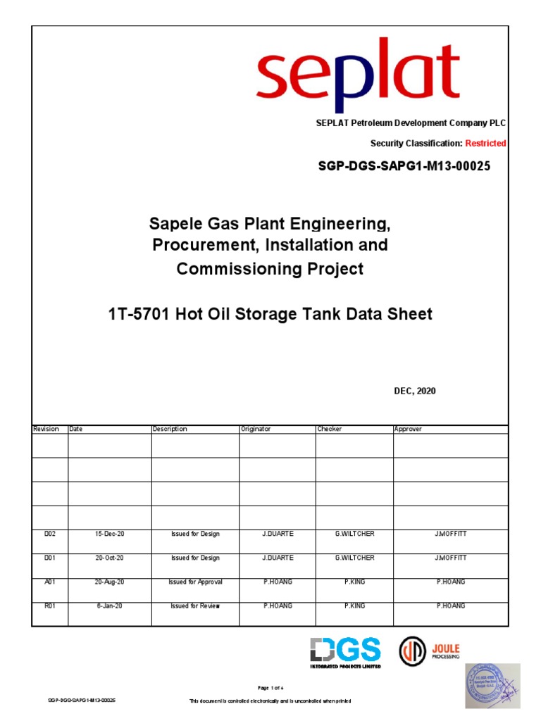 Hot Oil Storage Tank Data Sheet | PDF | Barrel (Unit) | Mechanical ...
