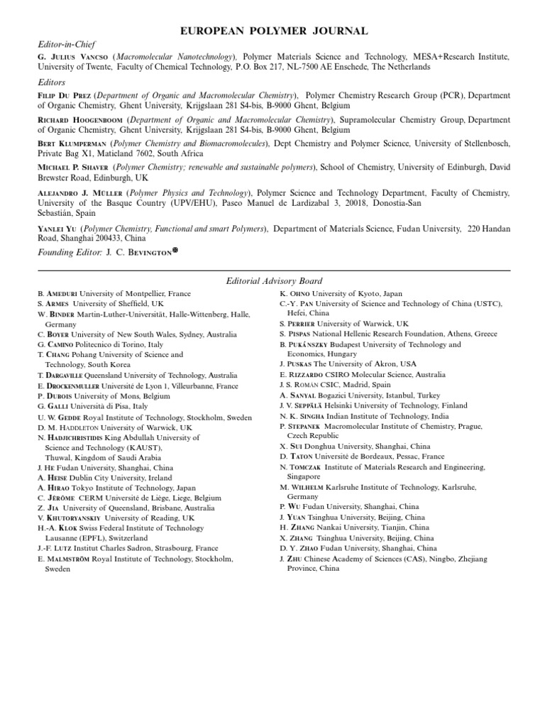 Editorial Board - 2018 - European Polymer Journal | PDF | Physical ...