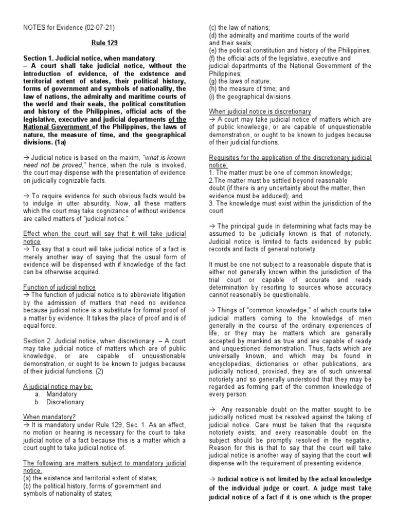 NOTES For Evidence (Rule 129) | PDF | Judicial Notice | Evidence (Law)