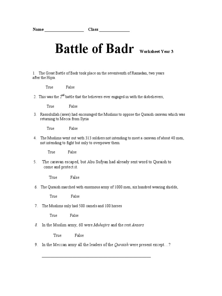 Battle of Badr: Name - Class | PDF | Banu Hashim | Life Of Muhammad