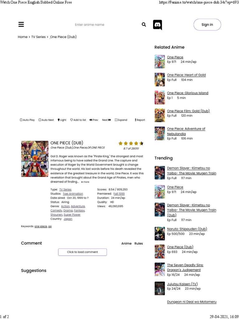 Watch One Piece English Subbed Online Free | PDF | Leisure