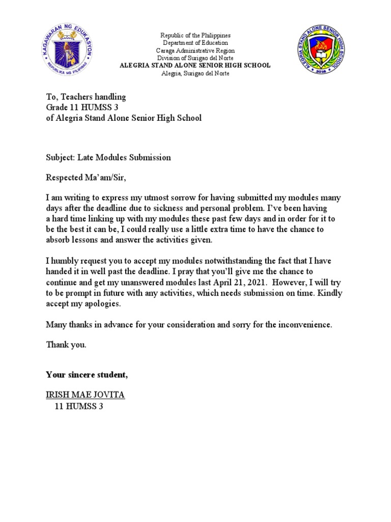 Your Sincere Student,: Alegria Stand Alone Senior High School | PDF