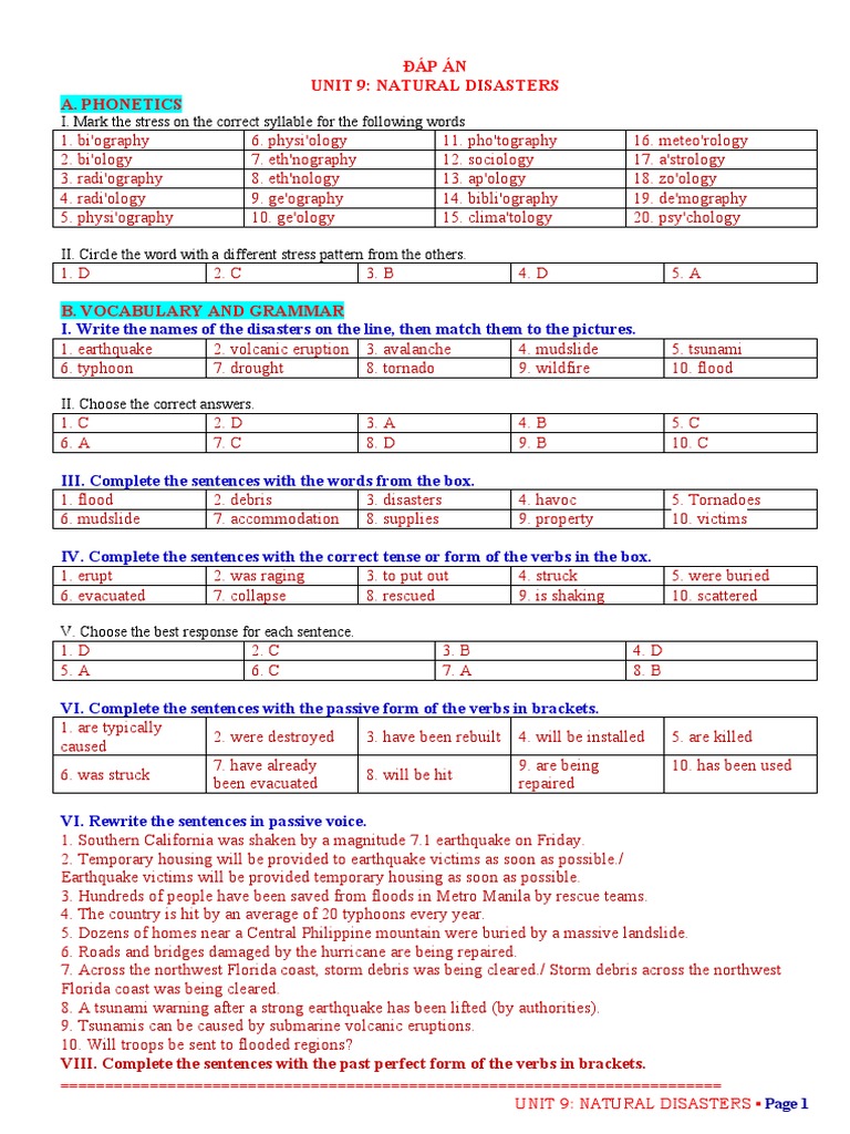 Đáp Án E8 Unit 9 (MLH) | PDF | Natural Disasters | Tsunami