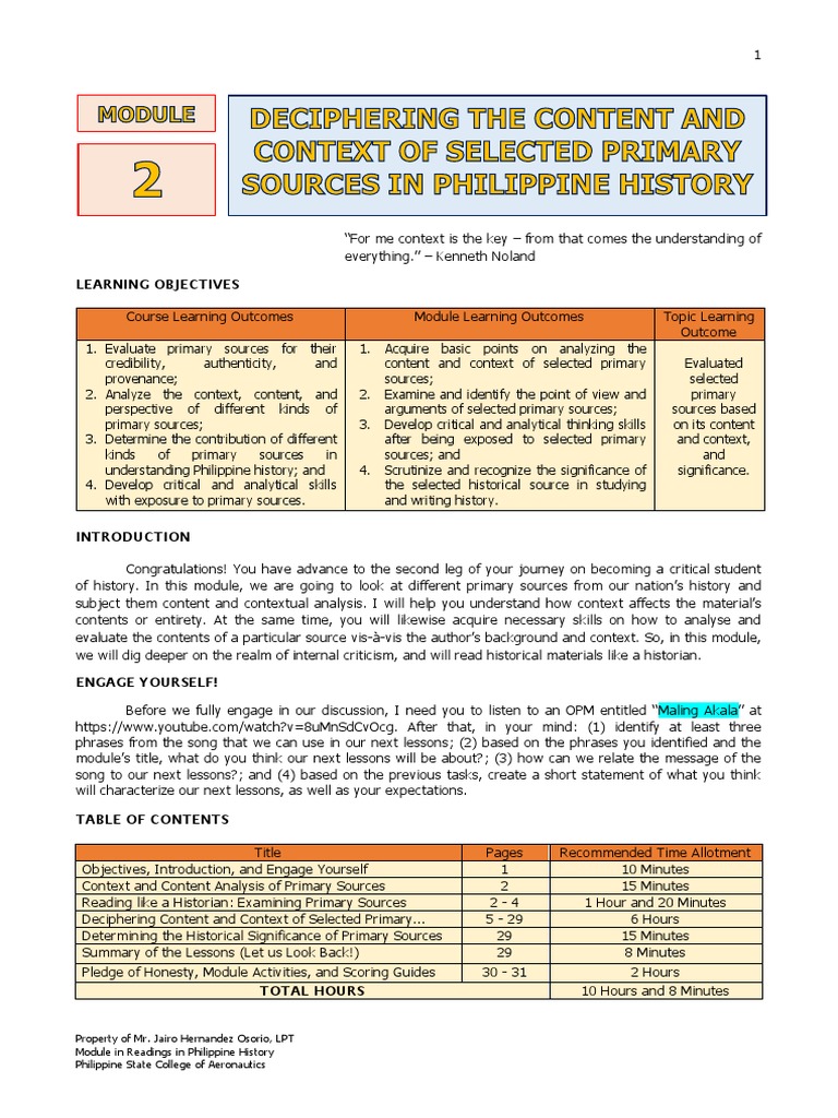 Module II Deciphering Content and Context of Selected Primary Sources ...