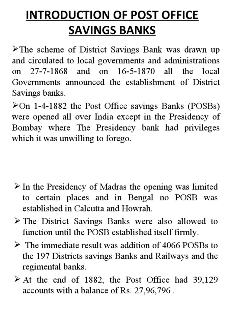 Introduction of Post Office Savings Banks | PDF | Banking | Pension