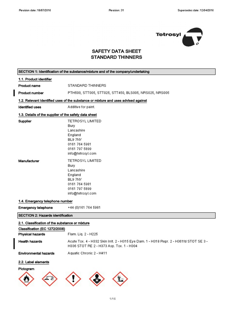 Standard Thinners MSDS | PDF | Dangerous Goods | Toxicity