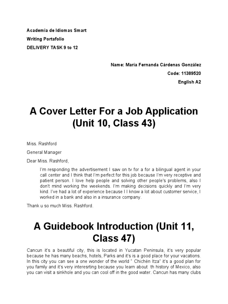 A Cover Letter For A Job Application (Unit 10, Class 43) | PDF