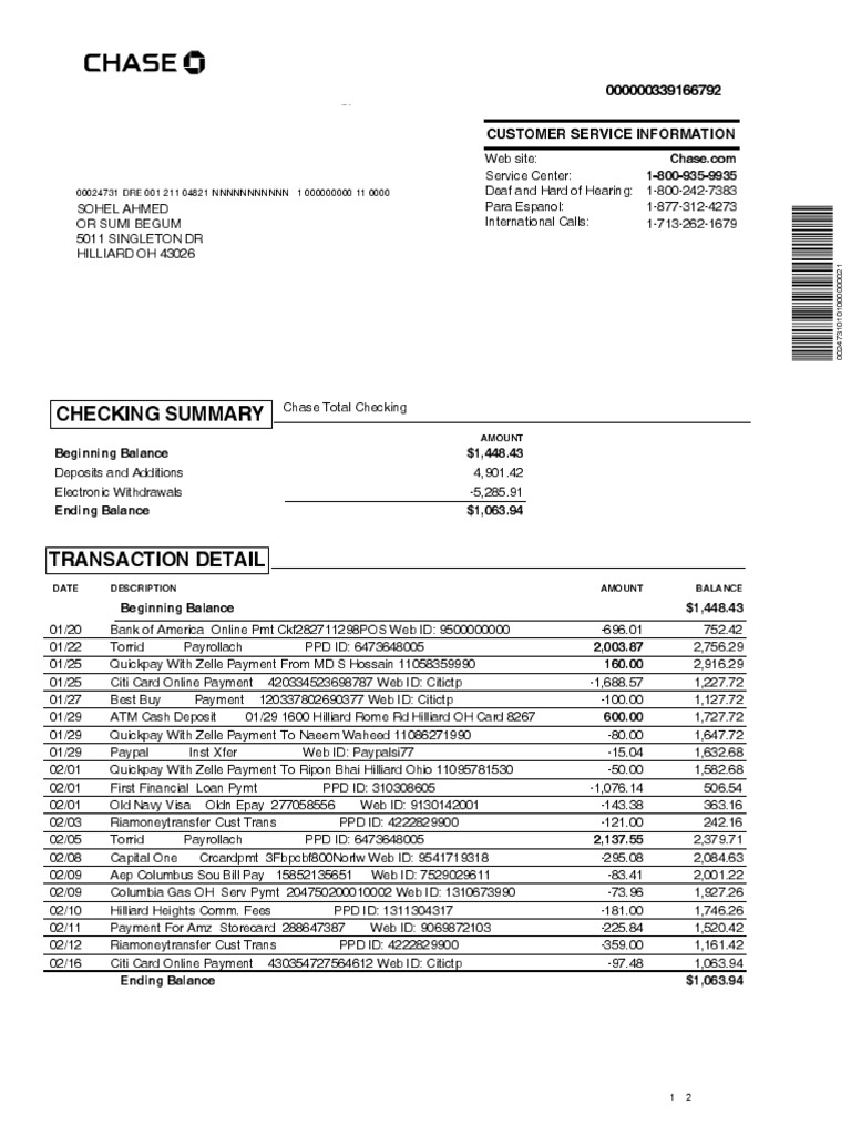 Chase Bank Statement Summary | PDF | Payments | Deposit Account