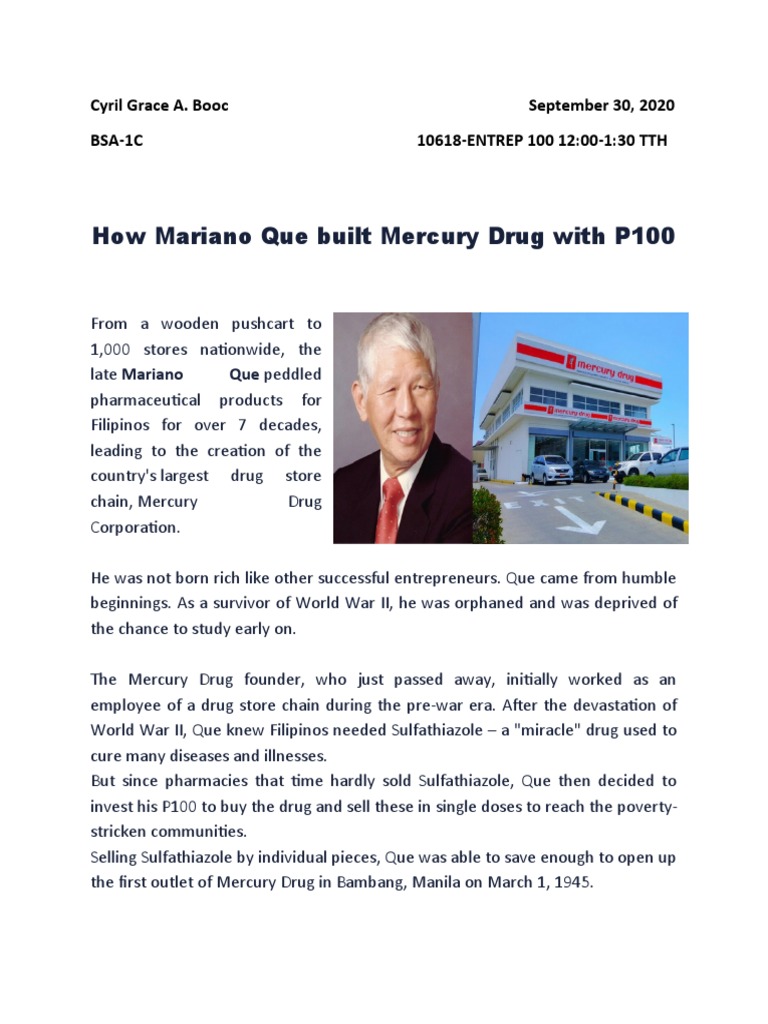 How Mariano Que Built Mercury Drug With P100 | PDF | Pharmaceutical ...