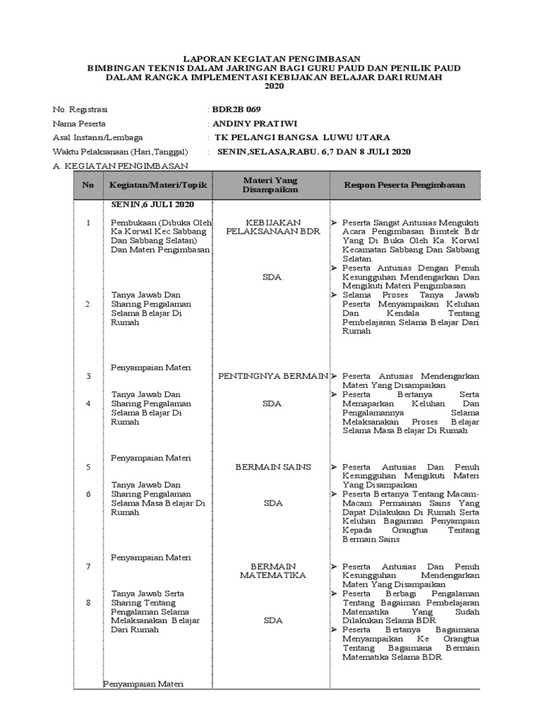 Format Laporan Pengimbasan BDR ANDINY | PDF